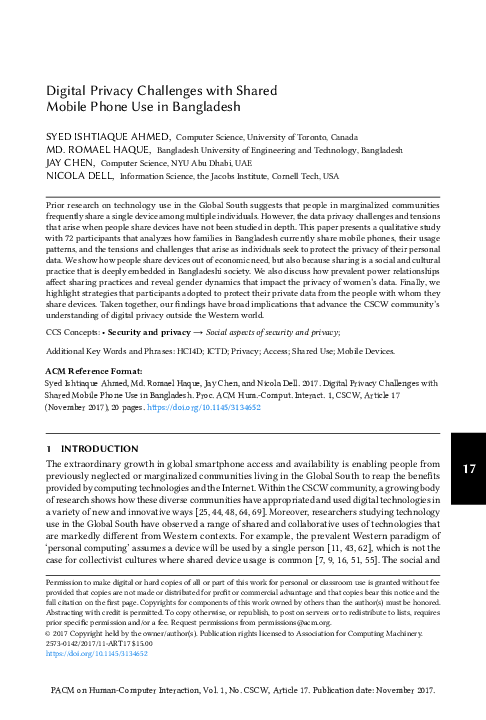 (PDF) Digital Privacy Challenges with Shared Mobile Phone Use in Bangladesh