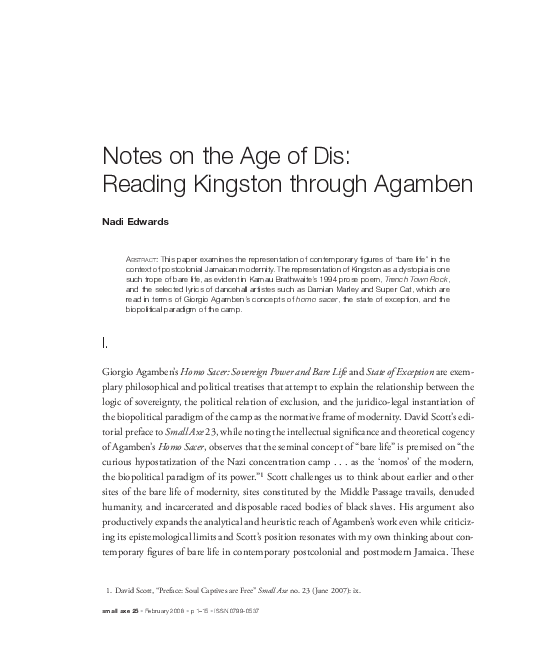 (PDF) Notes on the Age of Dis: Reading Kingston through Agamben