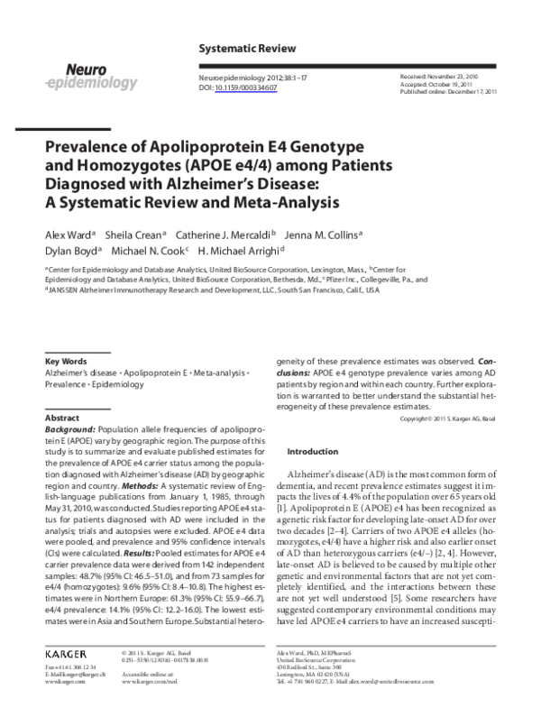 (PDF) Prevalence of Apolipoprotein E4 Genotype and Homozygotes (APOE e4 ...