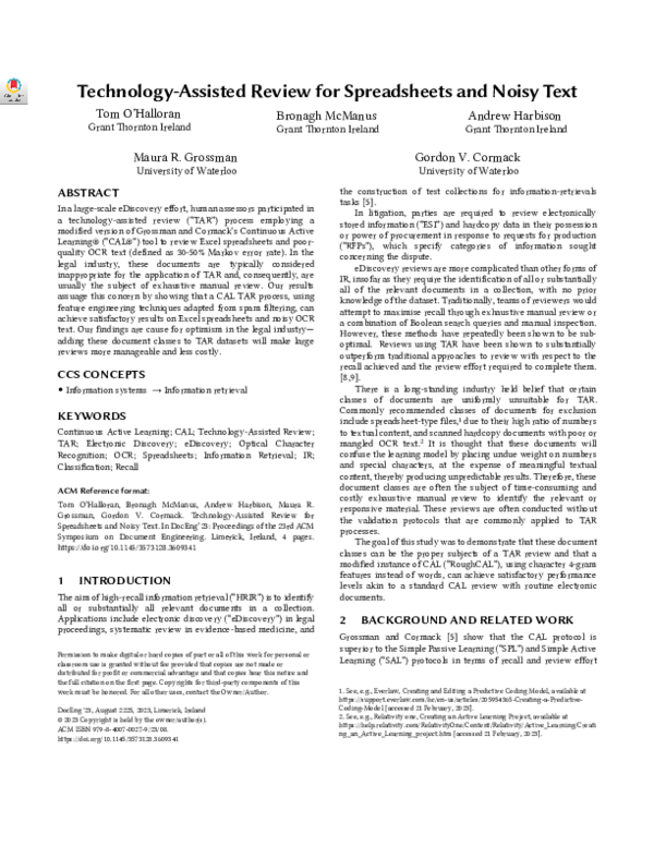 (PDF) Technology-Assisted Review for Spreadsheets and Noisy Text