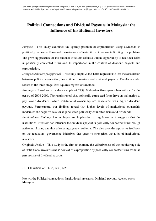 (PDF) Political connections, institutional investors and dividend ...