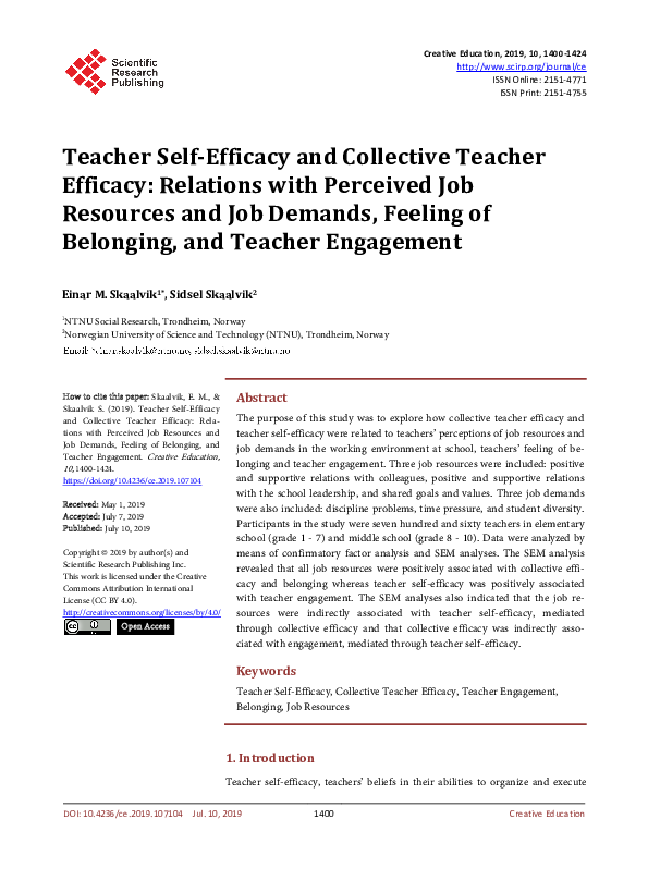 (PDF) Teacher Self-Efficacy and Collective Teacher Efficacy: Relations with Perceived Job ...