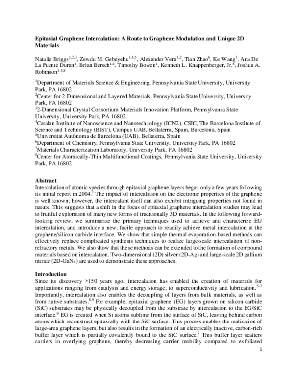 (PDF) Epitaxial Graphene Intercalation: A Route to Graphene Modulation and Unique 2D Materials