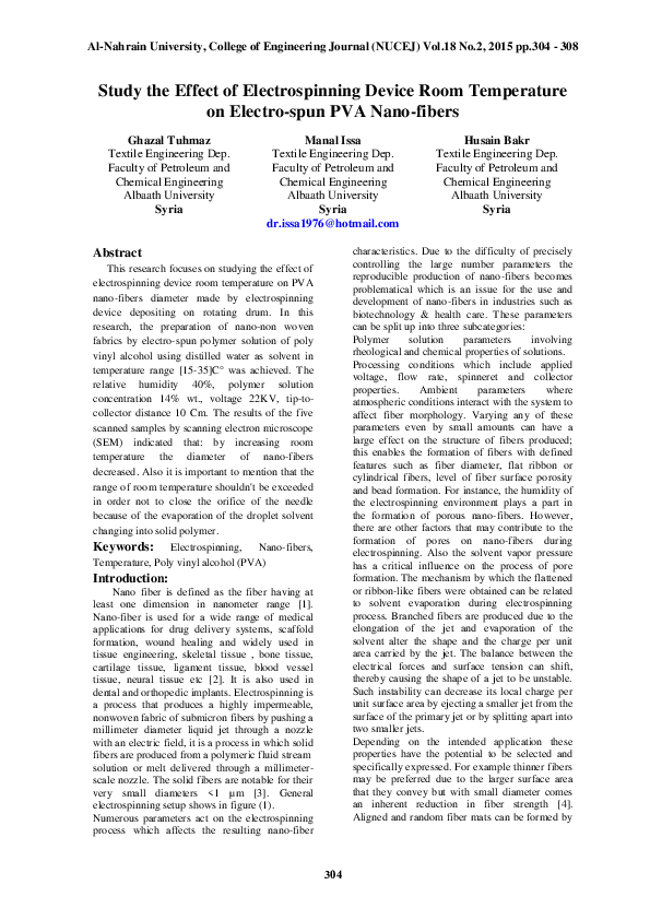 (PDF) Study the Effect of Electrospinning Device Room Temperature on Electro-spun PVA Nano-fibers
