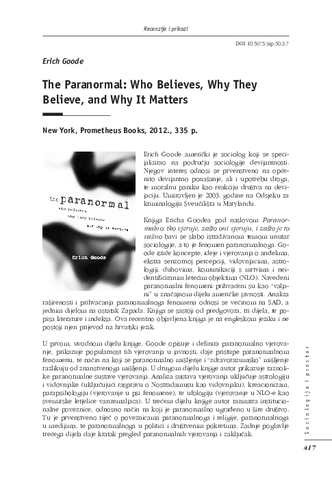 (PDF) Erich Goode The Paranormal: Who Believes, Why They Believe, and ...
