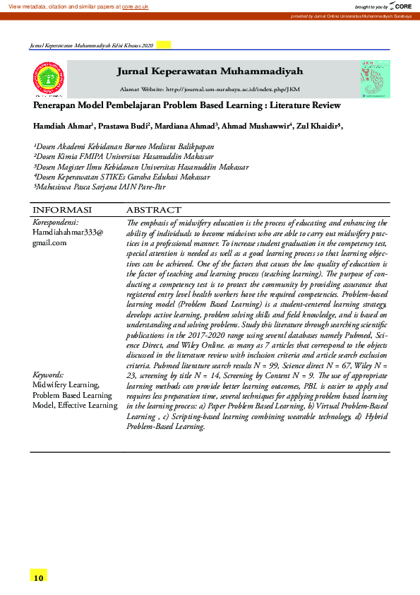 (PDF) Penerapan Model Pembelajaran Problem Based Learning : Literature ...