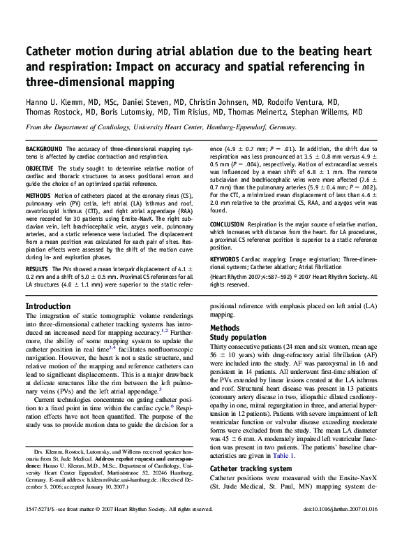 (PDF) Catheter motion during atrial ablation due to the beating heart and respiration: Impact on ...