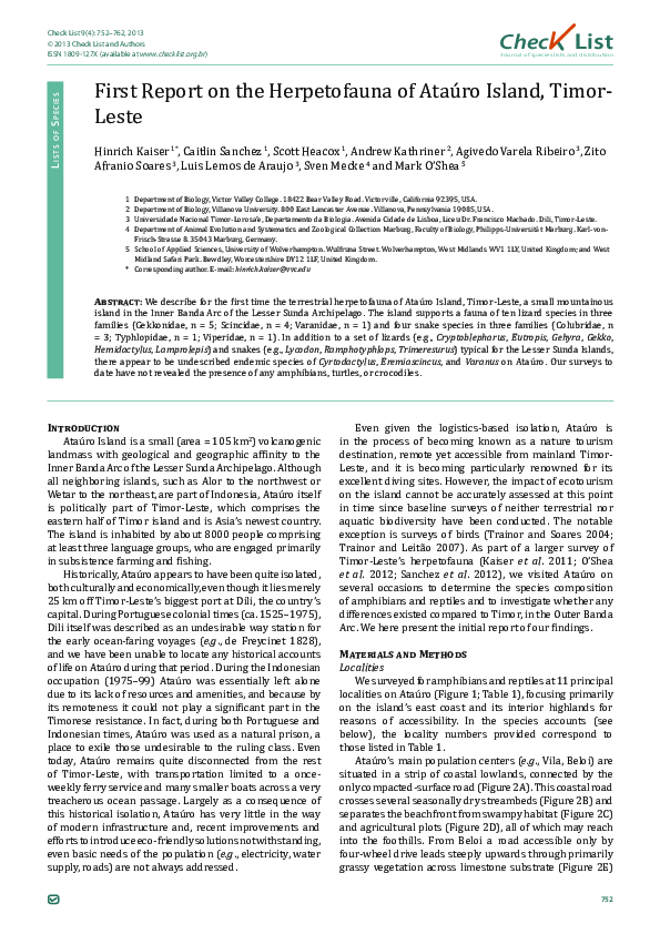 (PDF) Herpetofauna of Ataúro Island, Timor Leste: A First Report