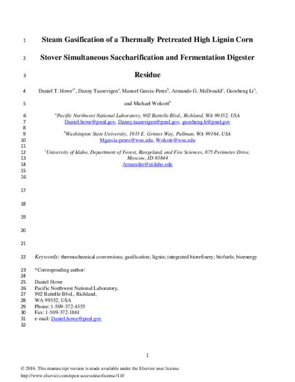 (PDF) Steam gasification of a thermally pretreated high lignin corn ...