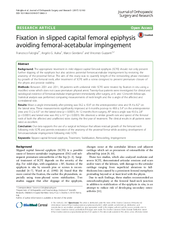 (PDF) Fixation in slipped capital femoral epiphysis avoiding femoral-acetabular impingement