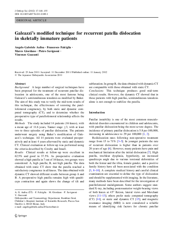 (PDF) Galeazzi’s modified technique for recurrent patella dislocation ...