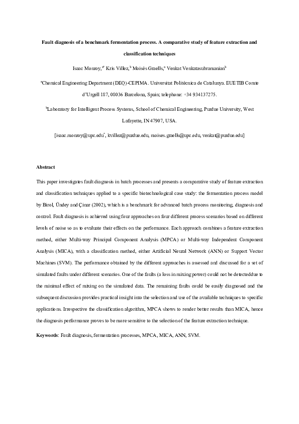 (PDF) Fault diagnosis of a benchmark fermentation process: a comparative study of feature ...