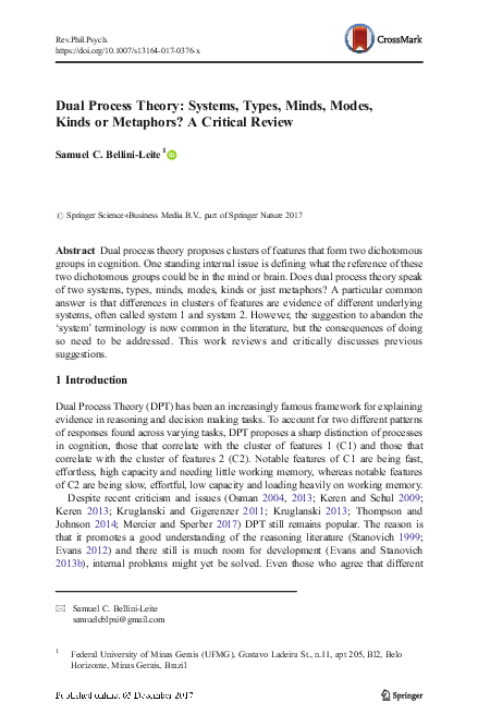 (PDF) Dual Process Theory: Systems, Types, Minds, Modes, Kinds or Metaphors? A Critical Review