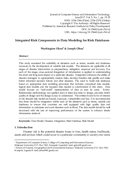 (PDF) Integrated Risk Components in Data Modeling for Risk Databases