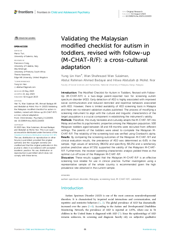 (PDF) Validating the Malaysian modified checklist for autism in ...