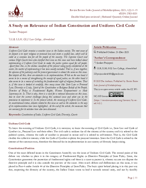(PDF) A Study on Relevance of Indian Constitution and Uniform Civil Code