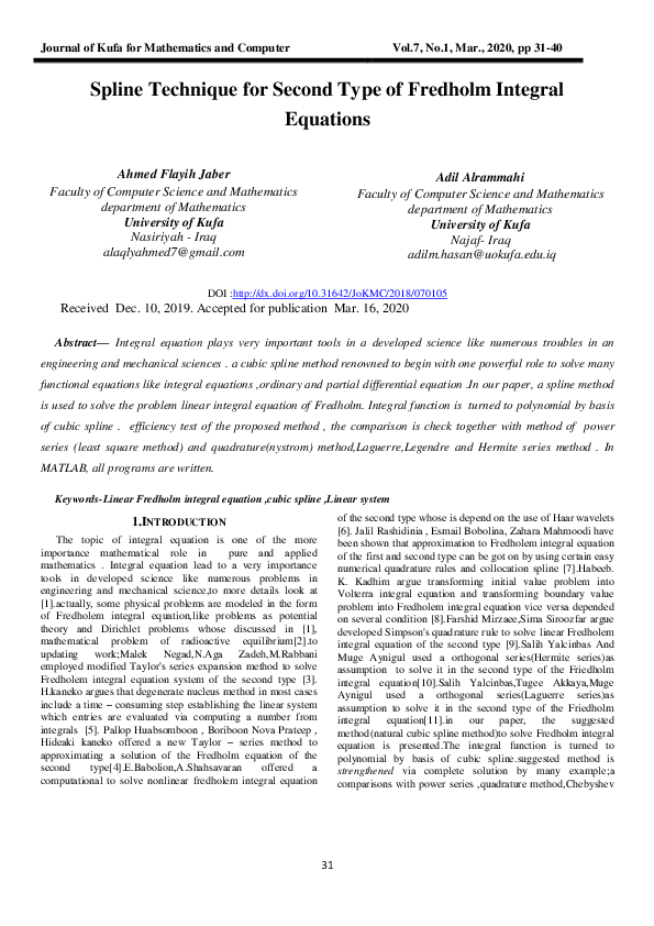 (PDF) Spline Technique for Second Type of Fredholm Integral Equations