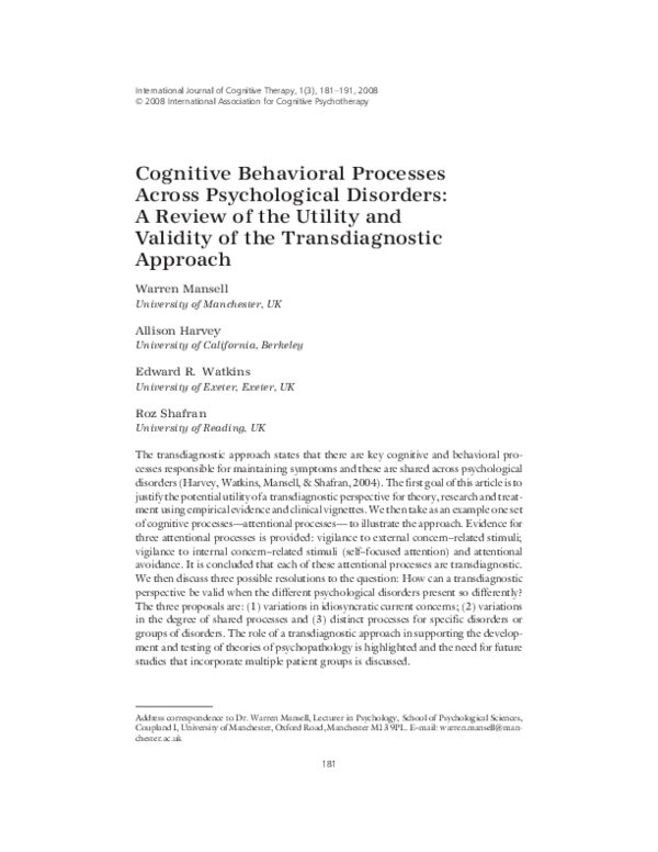 (PDF) Cognitive Behavioral Processes Across Psychological Disorders: A Review of the Utility and ...
