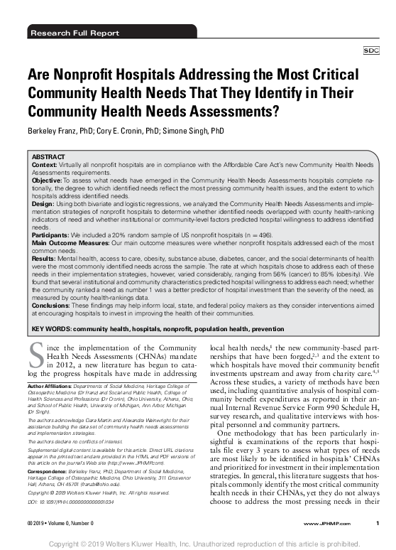 (PDF) Are Nonprofit Hospitals Addressing the Most Critical Community ...