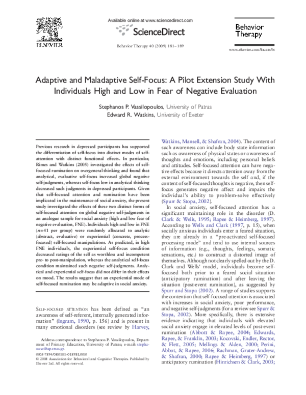 (PDF) Adaptive and Maladaptive Self-Focus: A Pilot Extension Study With Individuals High and Low ...