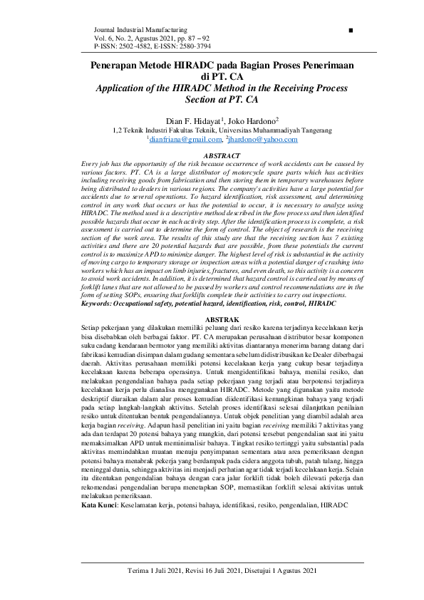 (PDF) Penerapan Metode HIRADC pada Bagian Proses Penerimaan di PT. CA
