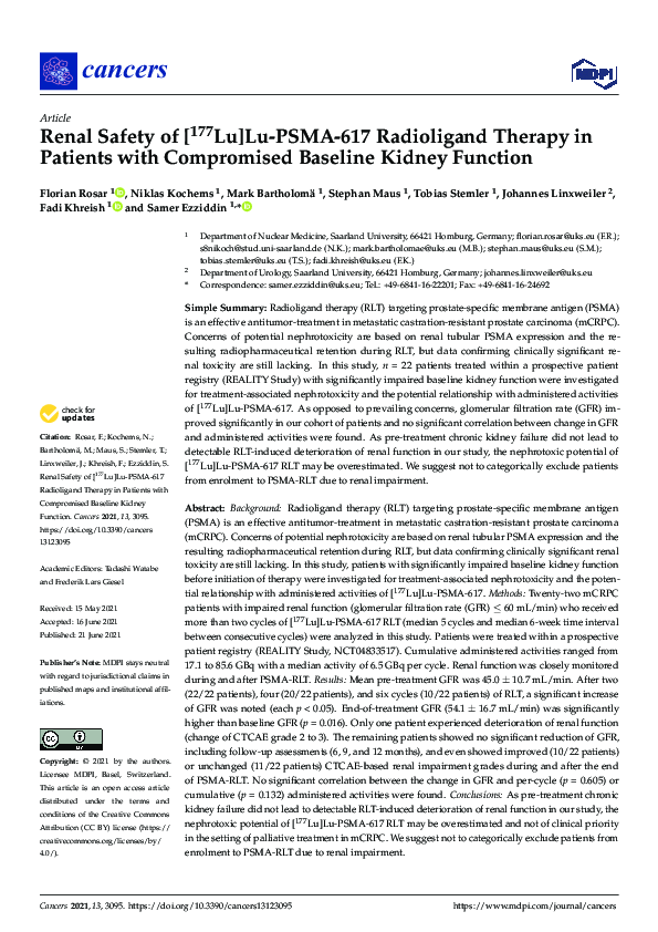 (PDF) Renal Safety of [177Lu]Lu-PSMA-617 Radioligand Therapy in ...