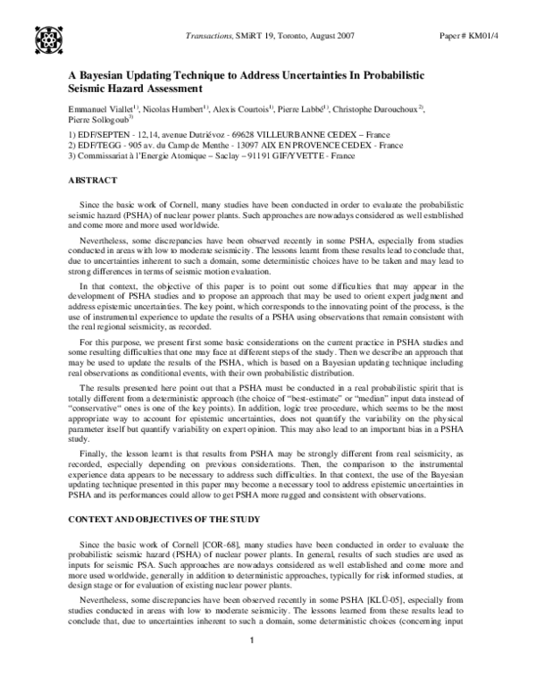 (PDF) A Bayesian Updating Technique to Address Uncertainties In Probabilistic Seismic Hazard ...