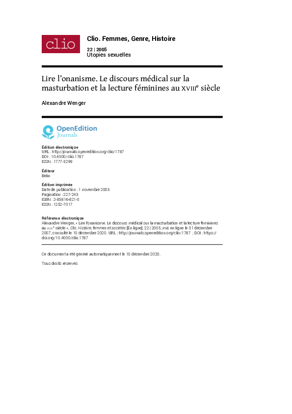 (PDF) Lire l’onanisme. Le discours médical sur la masturbation et la ...
