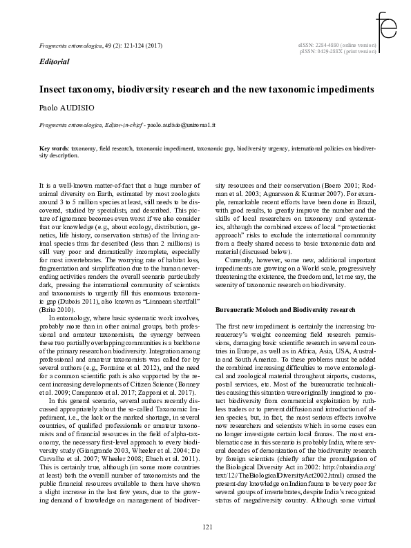 (PDF) Insect taxonomy, biodiversity research and the new taxonomic ...