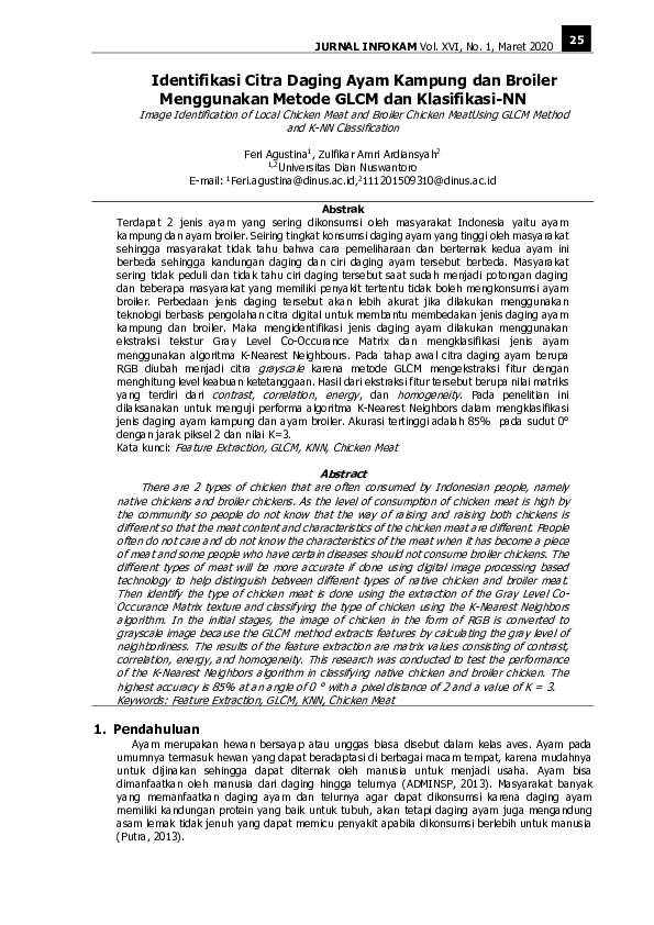 (PDF) Identifikasi Citra Daging Ayam Kampung dan Broiler Menggunakan Metode GLCM dan Klasifikasi-NN