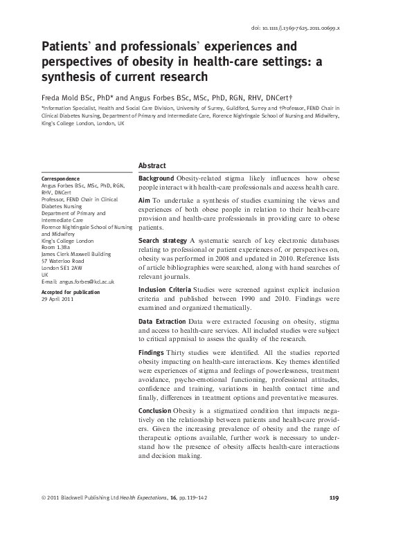 (PDF) Patients' and professionals' experiences and perspectives of obesity in health-care ...