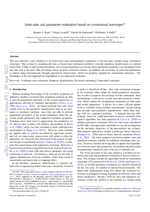 (PDF) Joint state and parameter estimation based on constrained zonotopes