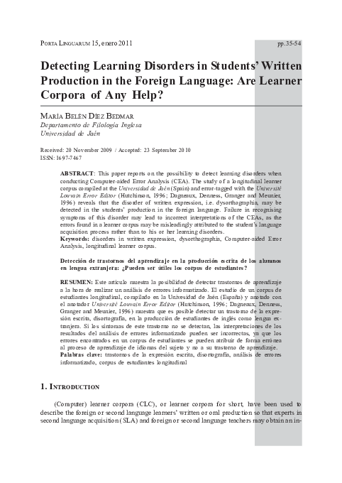 (PDF) Detecting learning disorders in students' written production in the foreign language: Are ...