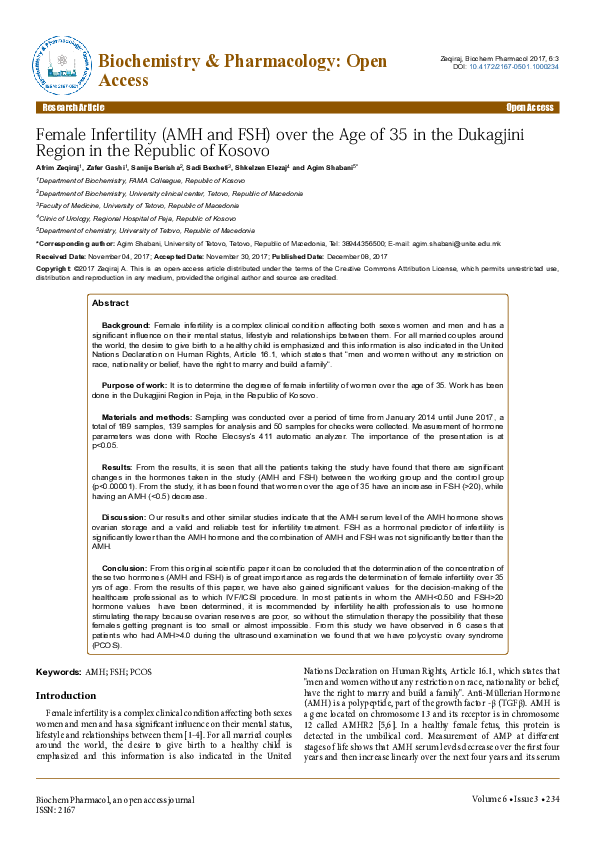(PDF) Female Infertility (AMH and FSH) over the Age of 35 in the Dukagjini Region in the ...