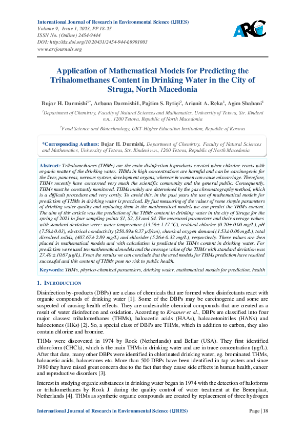 (PDF) Application of Mathematical Models for Predicting the Trihalomethanes Content in Drinking ...