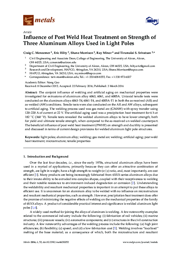 (PDF) Influence of Post Weld Heat Treatment on Strength of Three Aluminum Alloys Used in Light Poles
