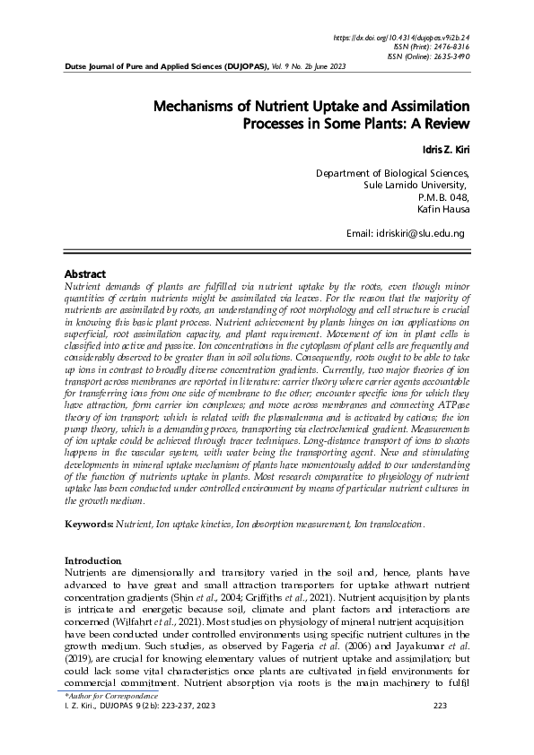 (PDF) Mechanisms of Nutrient Uptake and Assimilation Processes in Some ...