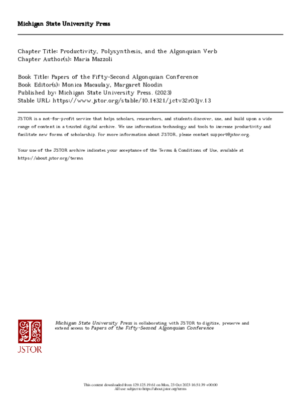 (PDF) Productivity, Polysynthesis, and the Algonquian Verb