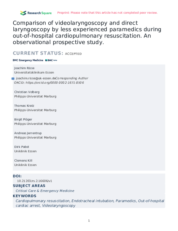 (PDF) Comparison of Video Laryngoscopy and Direct Laryngoscopy in a Critical Care Transport Service