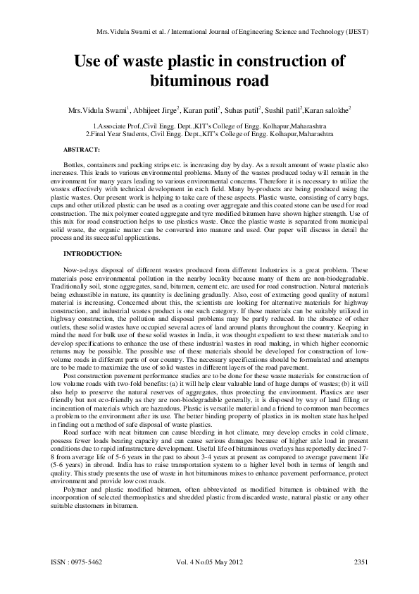 (PDF) Use of waste plastic in construction of bituminous road
