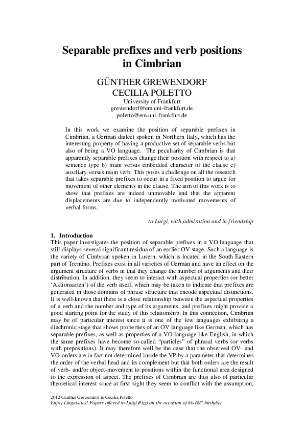 (PDF) Separable prefixes and verb positions in Cimbrian