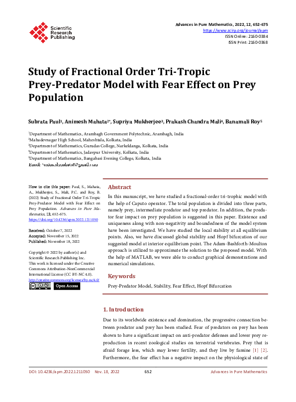 (PDF) Study of Fractional Order Tri-Tropic Prey-Predator Model with Fear Effect on Prey Population