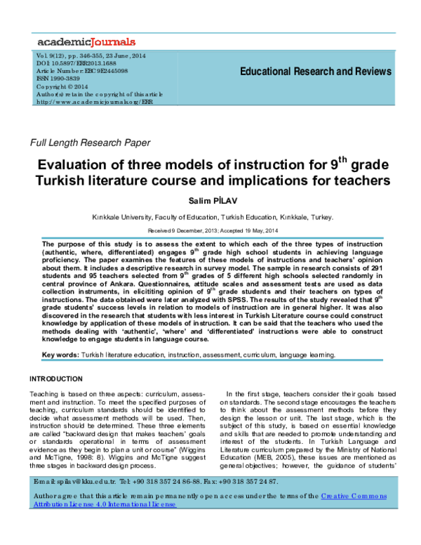 (PDF) Evaluation of three models of instruction for 9th grade Turkish literature course and ...