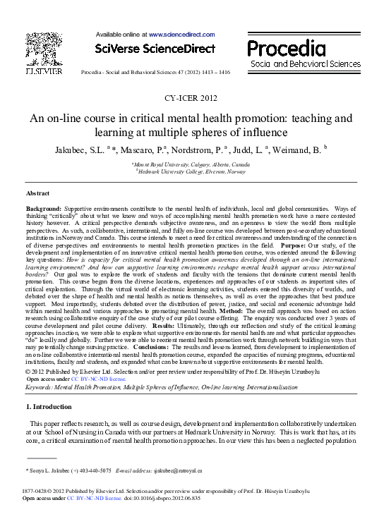 (PDF) An On-Line Course in Critical Mental Health Promotion: Teaching ...