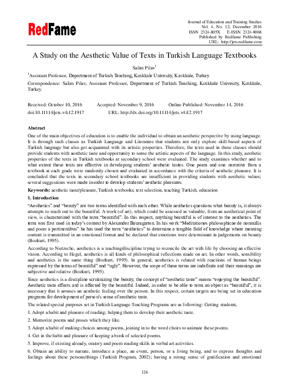 (PDF) A Study on the Aesthetic Value of Texts in Turkish Language Textbooks