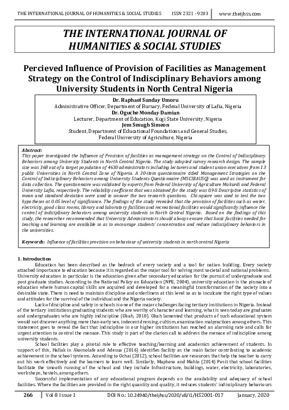 (PDF) Percieved Influence of Provision of Facilities as Management ...