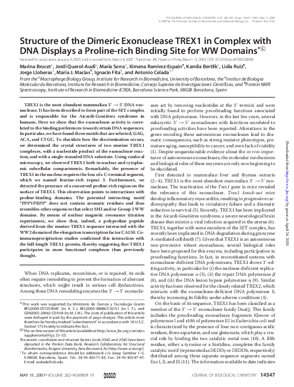 (PDF) Structure of the Dimeric Exonuclease TREX1 in Complex with DNA ...