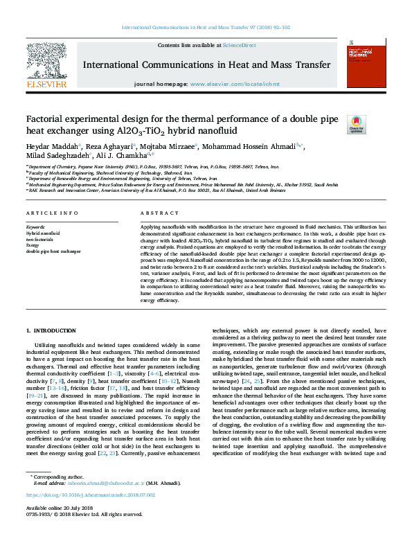 (PDF) Factorial experimental design for the thermal performance of a double pipe heat exchanger ...