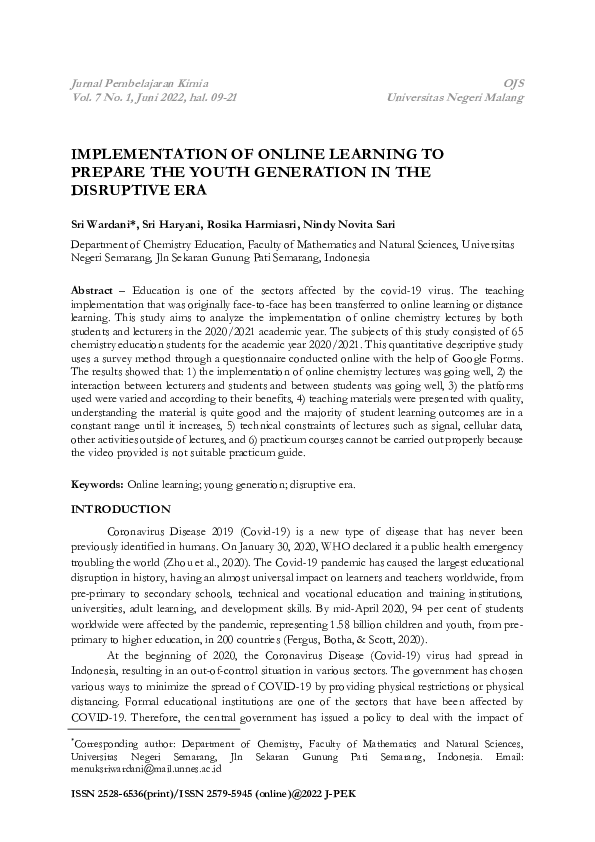(PDF) Implementation of Online Learning to Prepare the Youth Generation ...