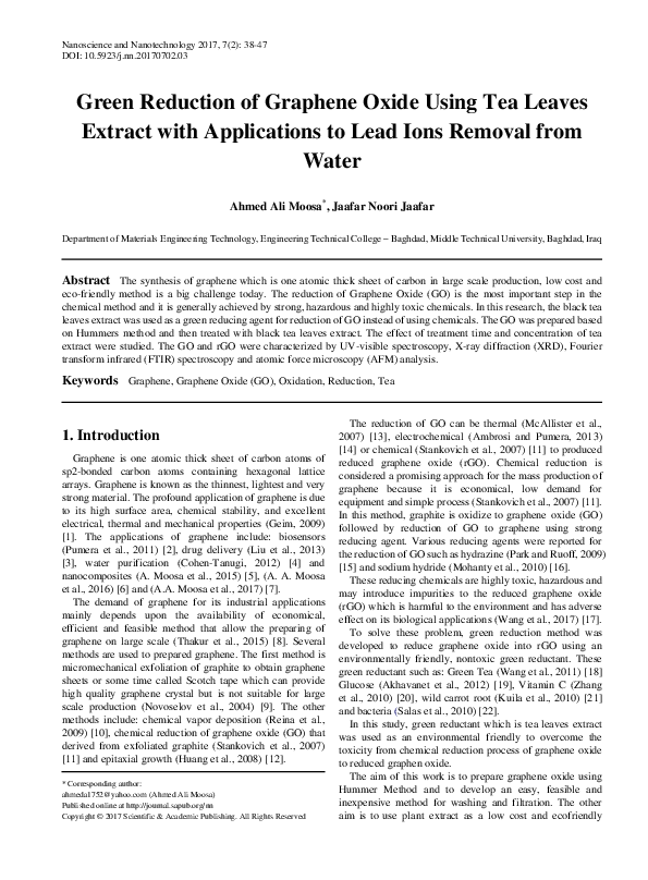(PDF) Green Reduction of Graphene Oxide Using Tea Leaves Extract with Applications to Lead Ions ...